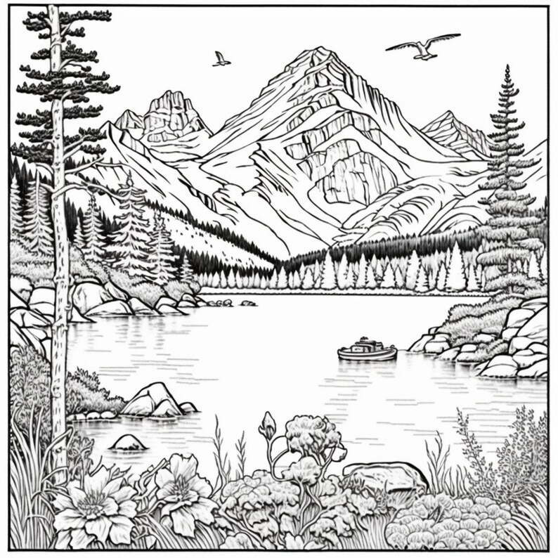 Mountain View Coloring Pages Printable Downloadable Artwork Kids Adults ...