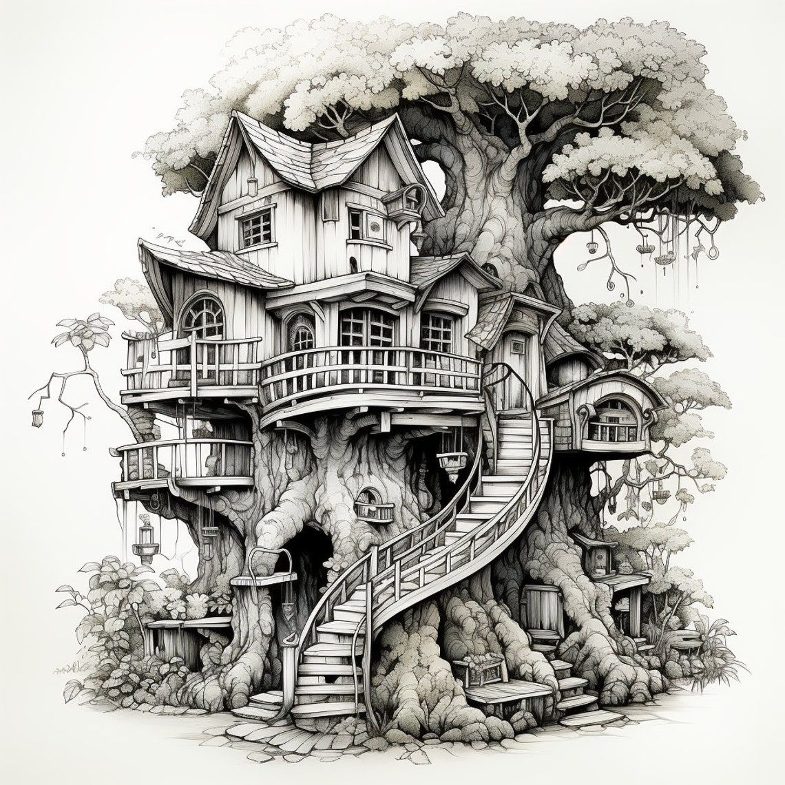 Big Tree House Coloring Pages Art Instant Download Digital AI Artwork ...