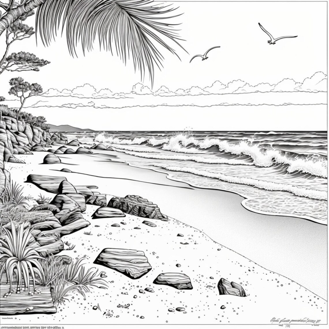 Beach Scenery Coloring Pages Art Instant Download Digital AI Artwork ...