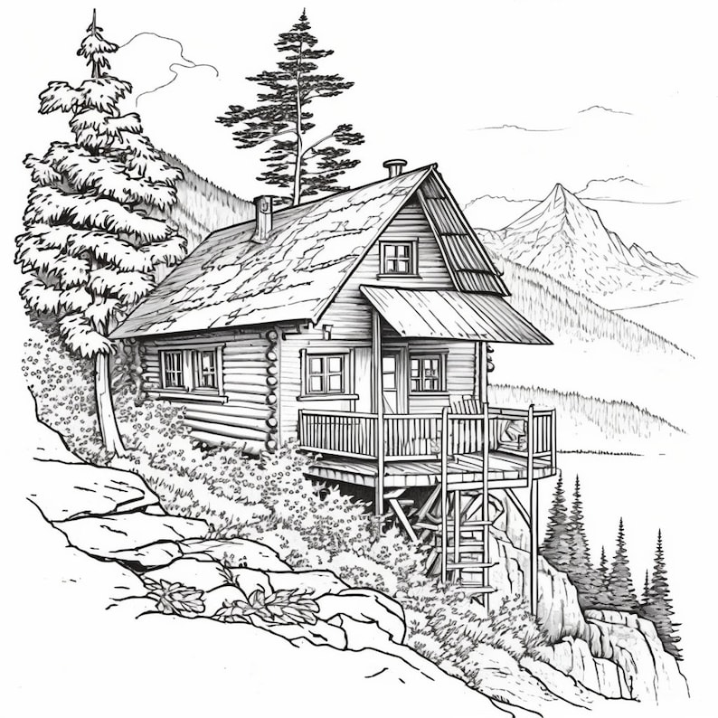 Log Cabin on the Edge of A Mountain Coloring Pages Printable ...