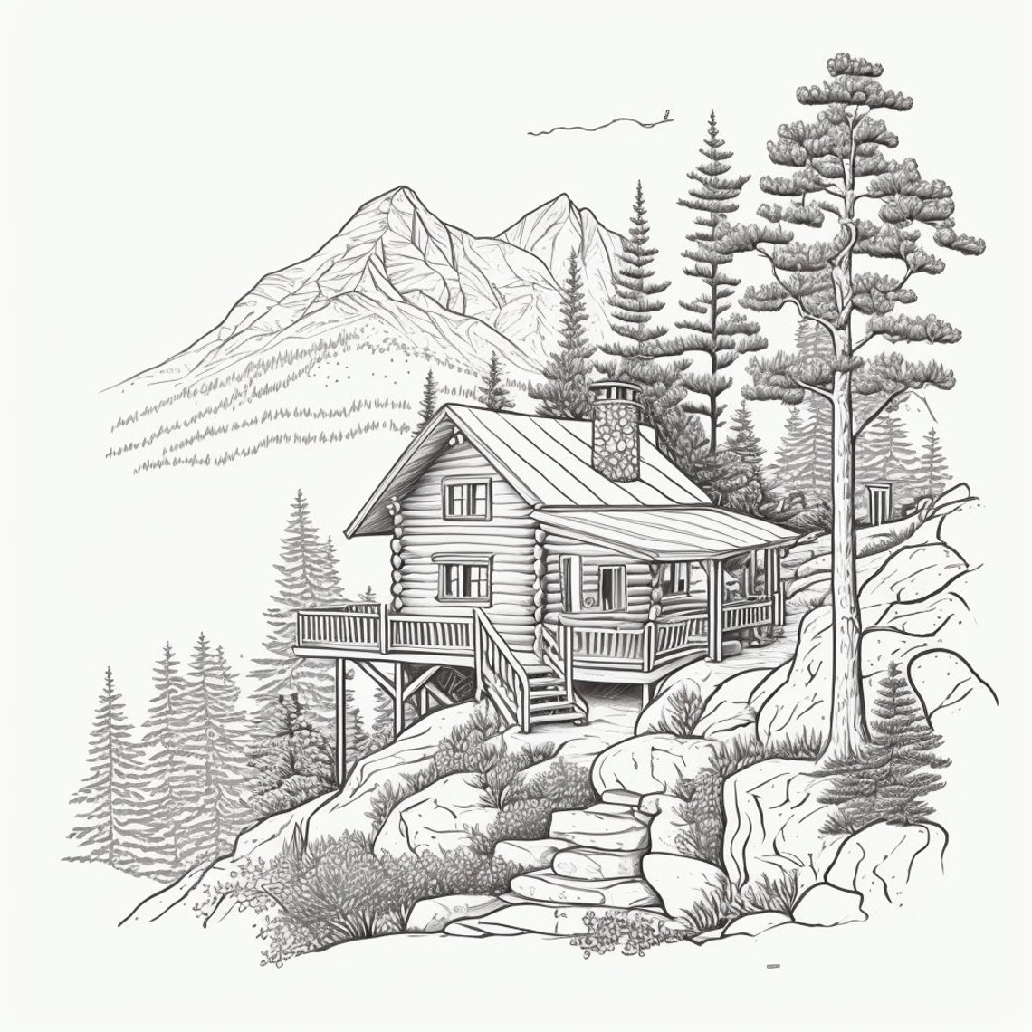 Log Cabin on the Edge of A Mountain Coloring Pages Printable ...
