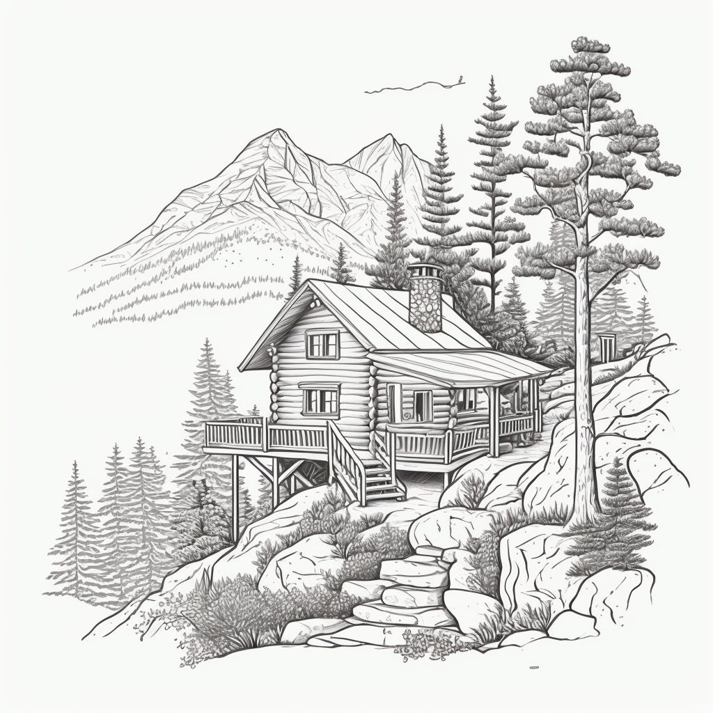 Log Cabin on the Edge of A Mountain Coloring Pages Printable ...