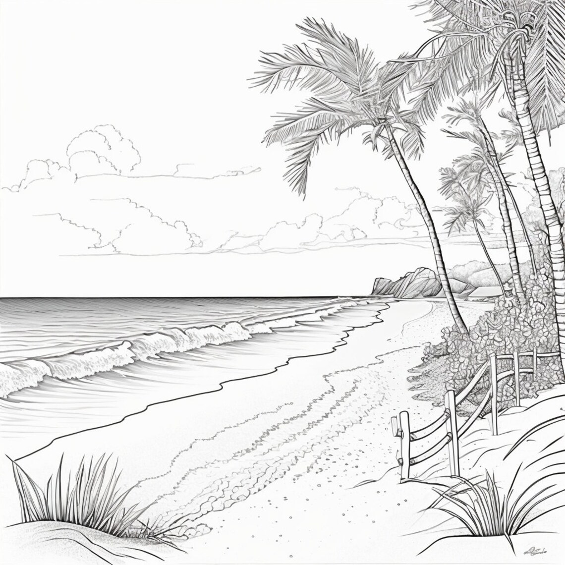 Beach Scenery Coloring Pages Art Instant Download Digital AI Artwork ...