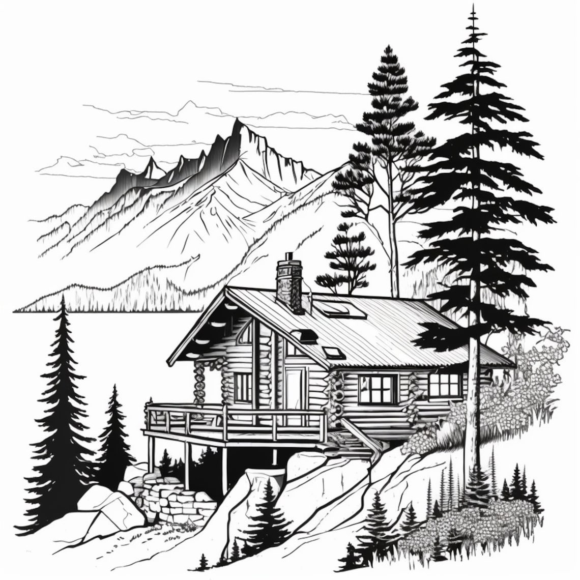 Log Cabin on the Edge of A Mountain Coloring Pages Printable ...