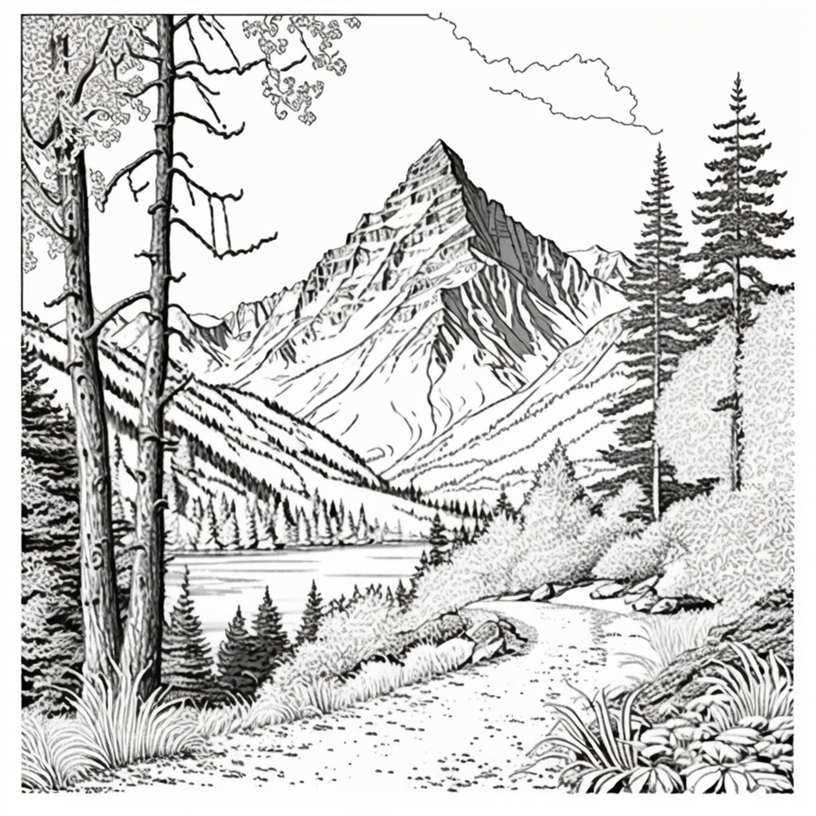 Mountain View Coloring Pages Printable Downloadable Artwork Kids Adults ...