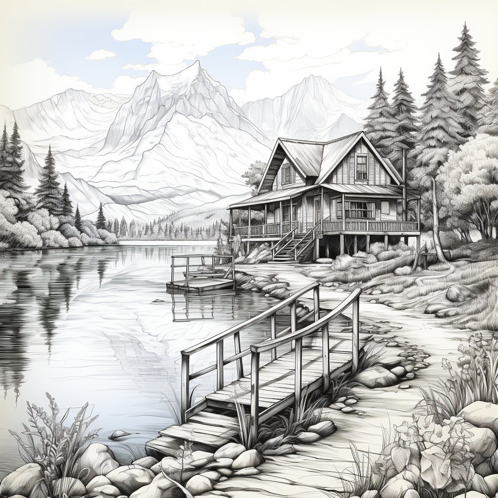 Cabin by the Lake Coloring Pages Printable Downloadable Coloring Teens ...