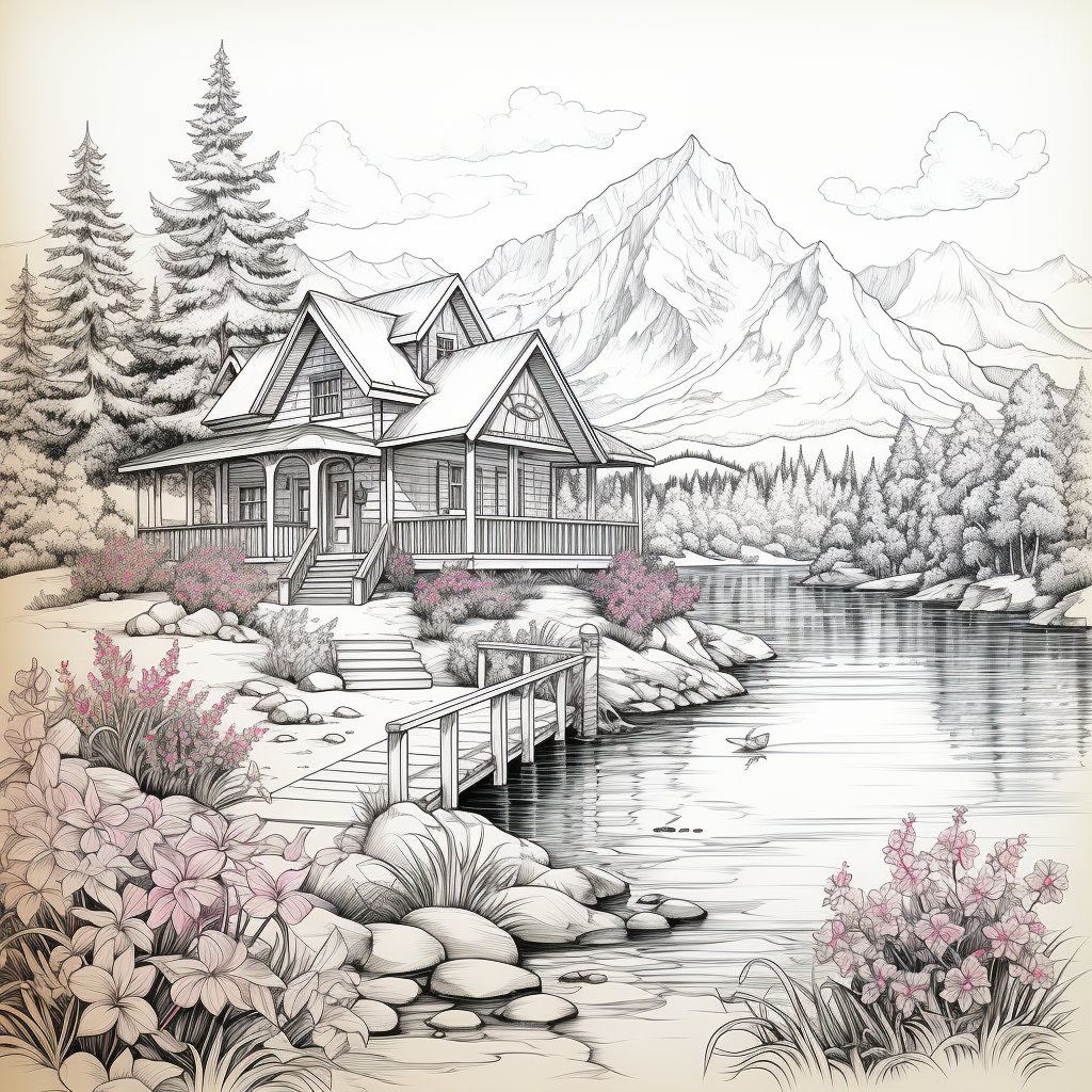 Cabin by the Lake Coloring Pages Printable Downloadable Coloring Teens ...