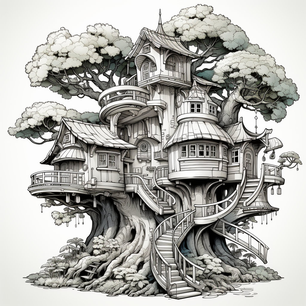 Big Tree House Coloring Pages Art Instant Download Digital AI Artwork ...