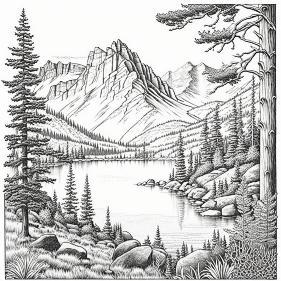 Mountain View Coloring Pages Printable Downloadable Artwork Kids Adults ...