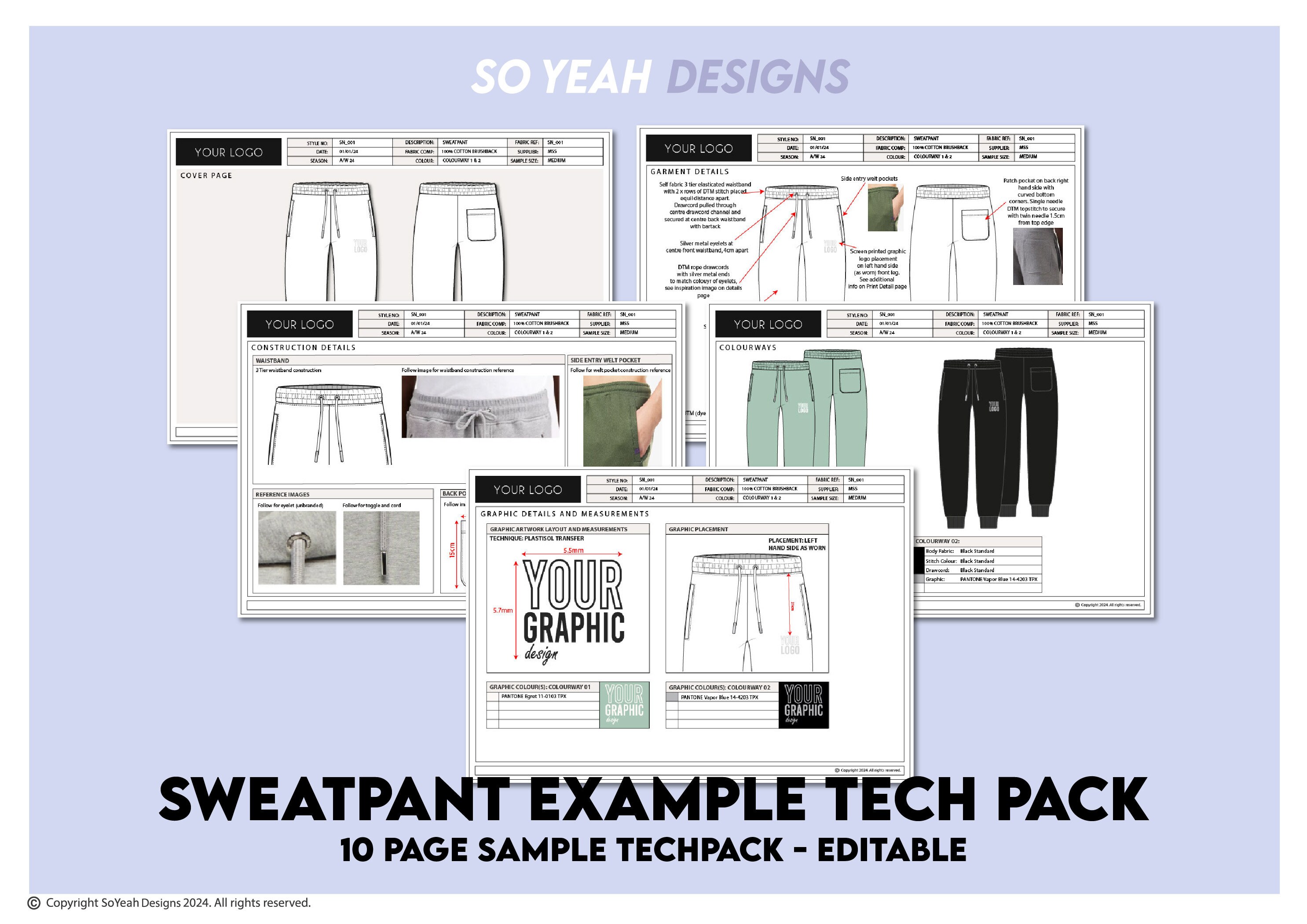 Sweatpant Tech Pack Template Editable Sample | 10 Page | Garment Tech ...