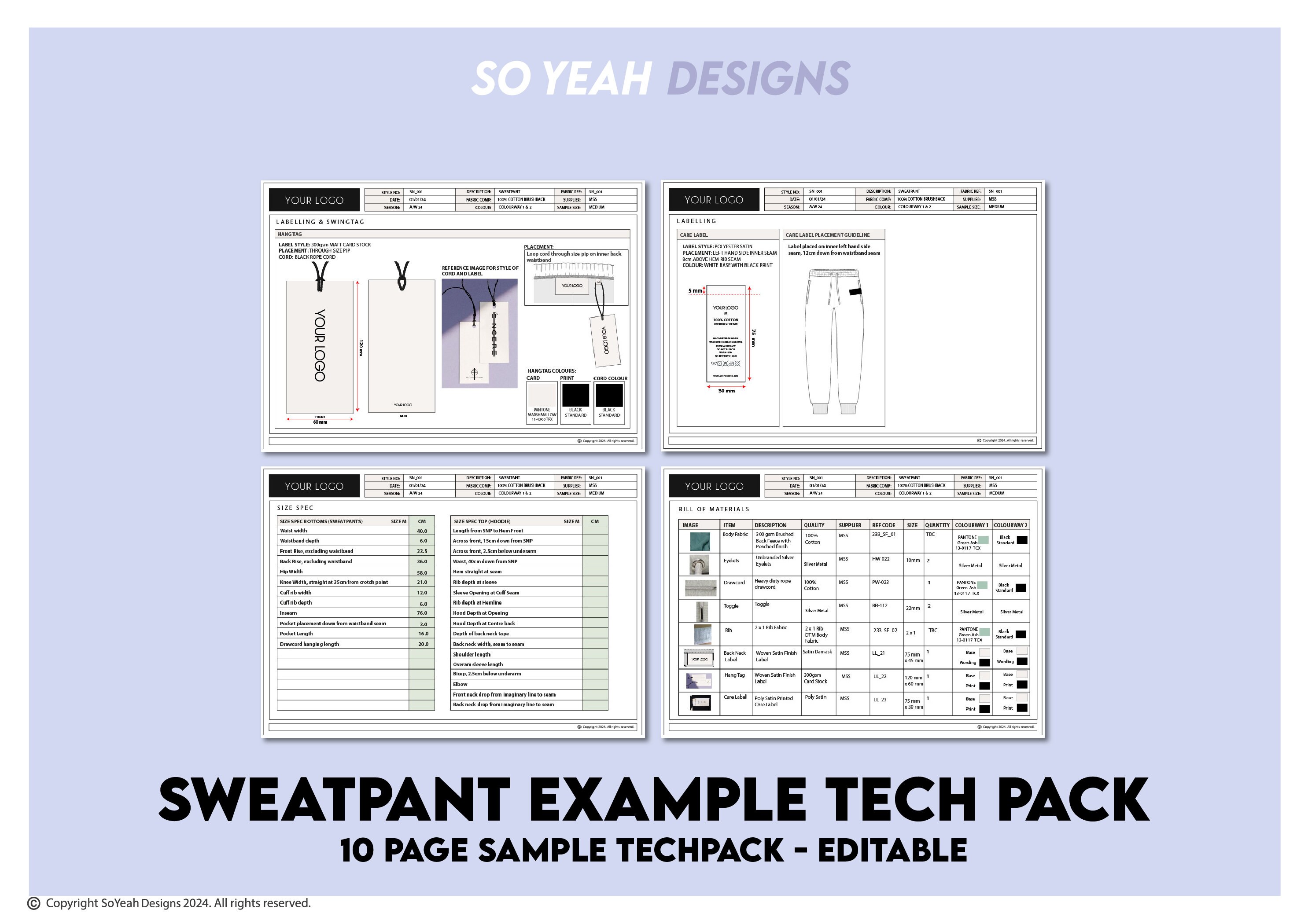 Sweatpant Sample Tech Pack Template Editable Comprehensive Garment Tech ...