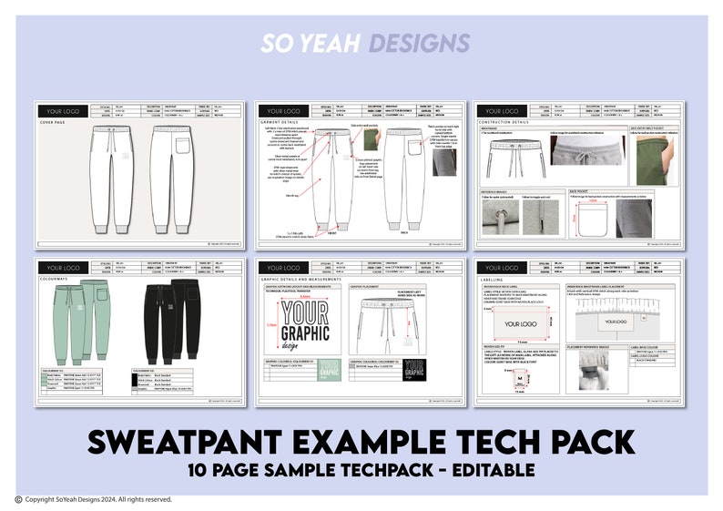 Sweatpant Sample Tech Pack Template Editable Comprehensive Garment Tech ...