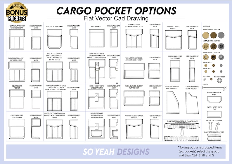 Parachute Cargo Pants Fashion Flat Cad ai pdf met Cargo Pocket Bundle ...