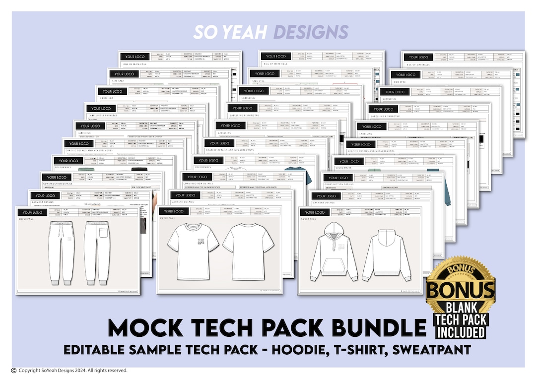 Mock Sample Hoodie, Sweatpant, T-shirt Tech Pack Templates + Bonus ...