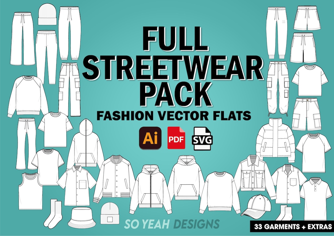 Streetwear Design Essential Vector Mockup Pack - Fashion Flat Bundle ...