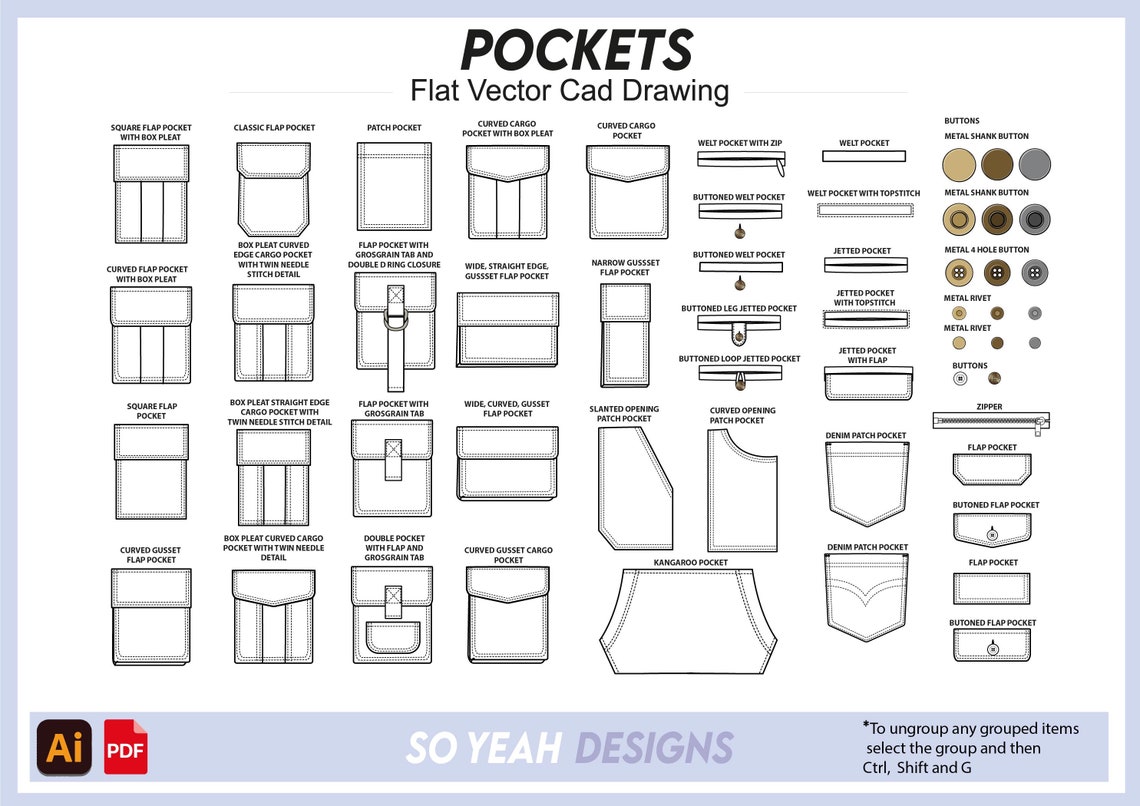 Pocket Pack Fashion Flat Template | Technical Vector Drawing | Digital ...