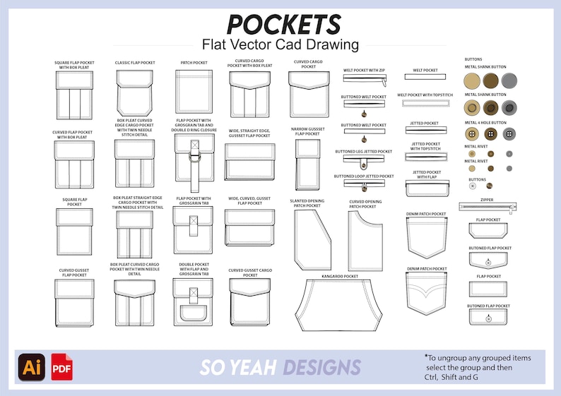 Pocket Pack Fashion Flat Template | Technical Vector Drawing | Digital ...