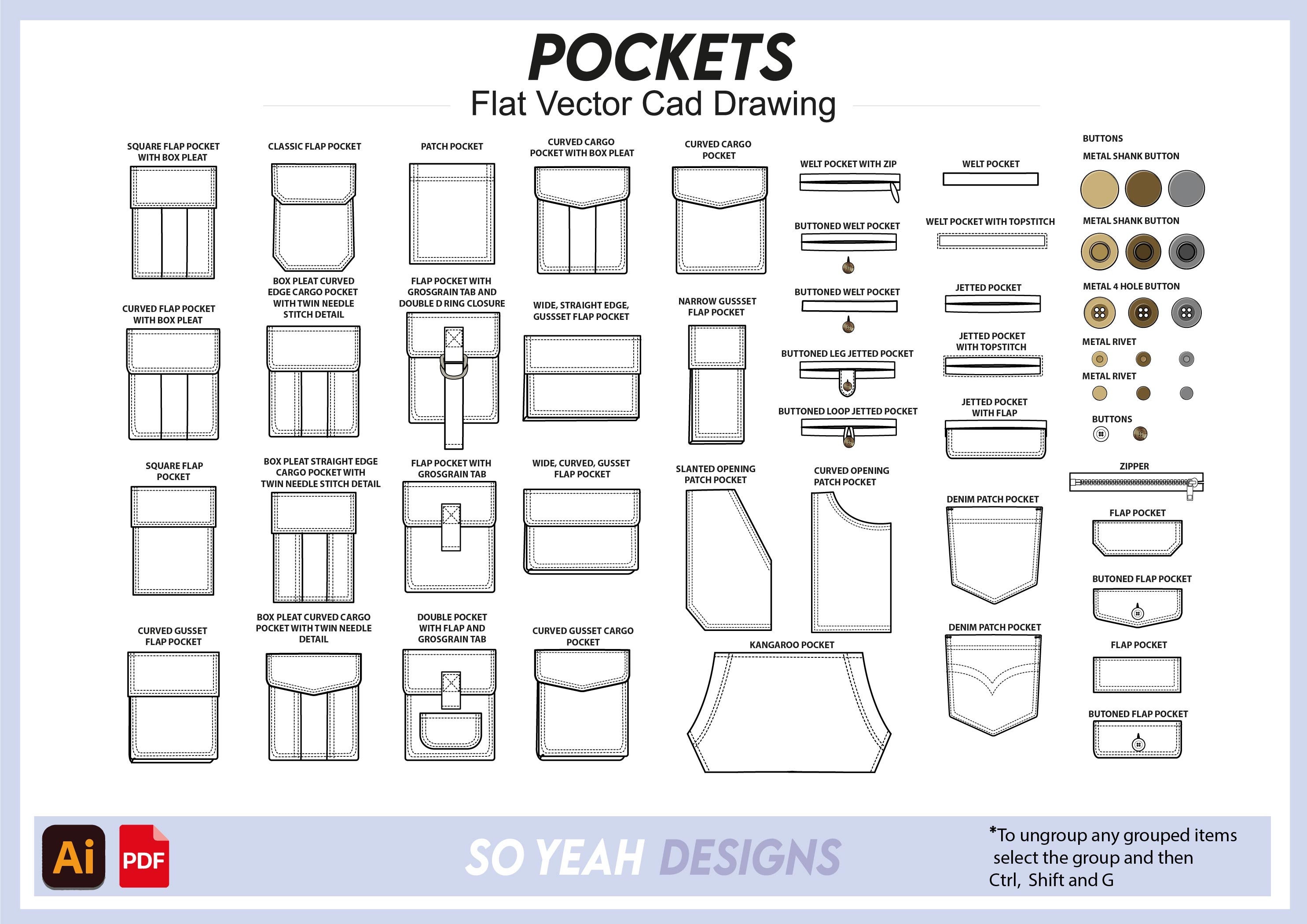 Pocket Pack Fashion Flat Template | Technical Vector Drawing | Digital ...