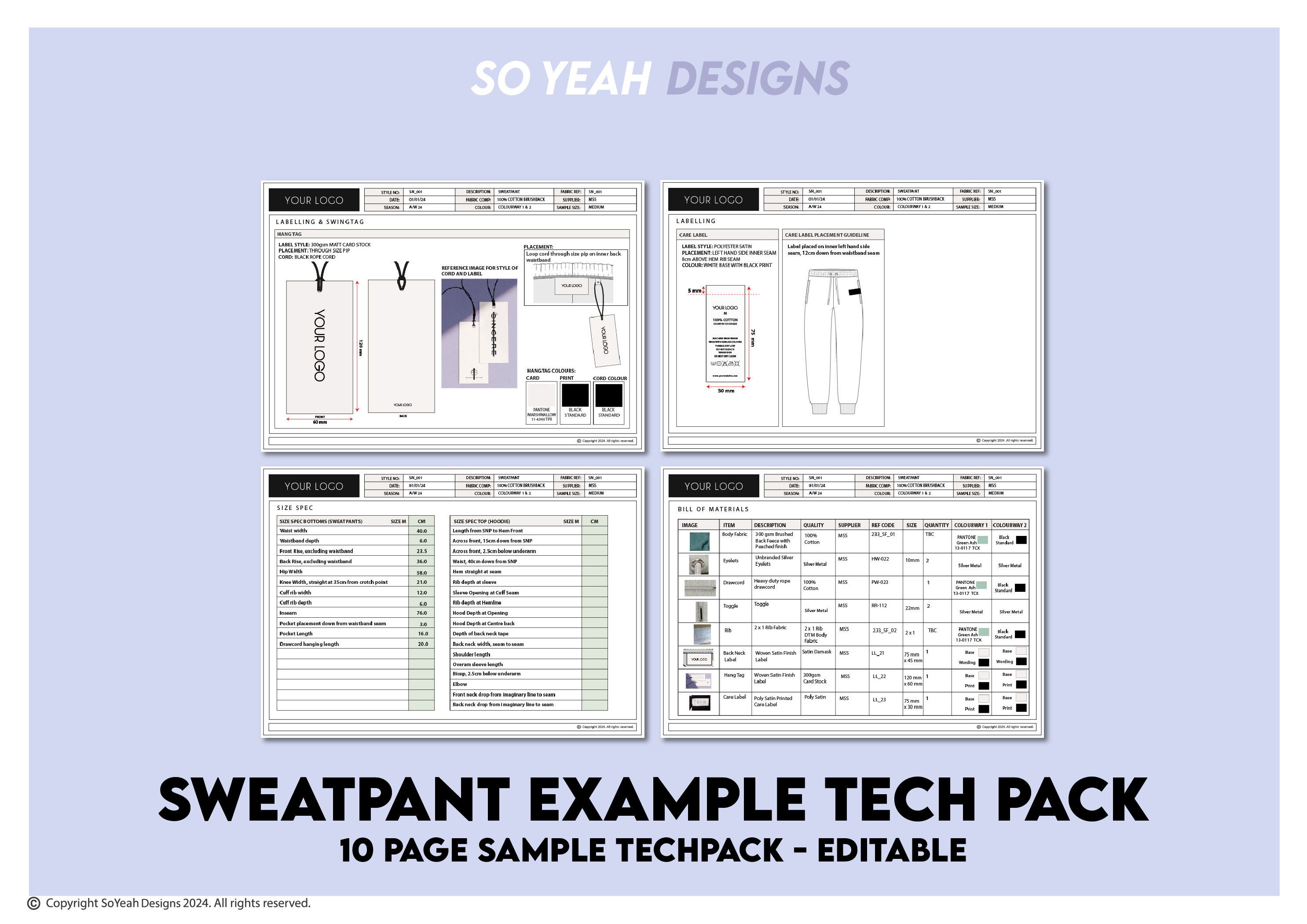 Sweatpant Tech Pack Template Editable Sample | 10 Page | Garment Tech ...
