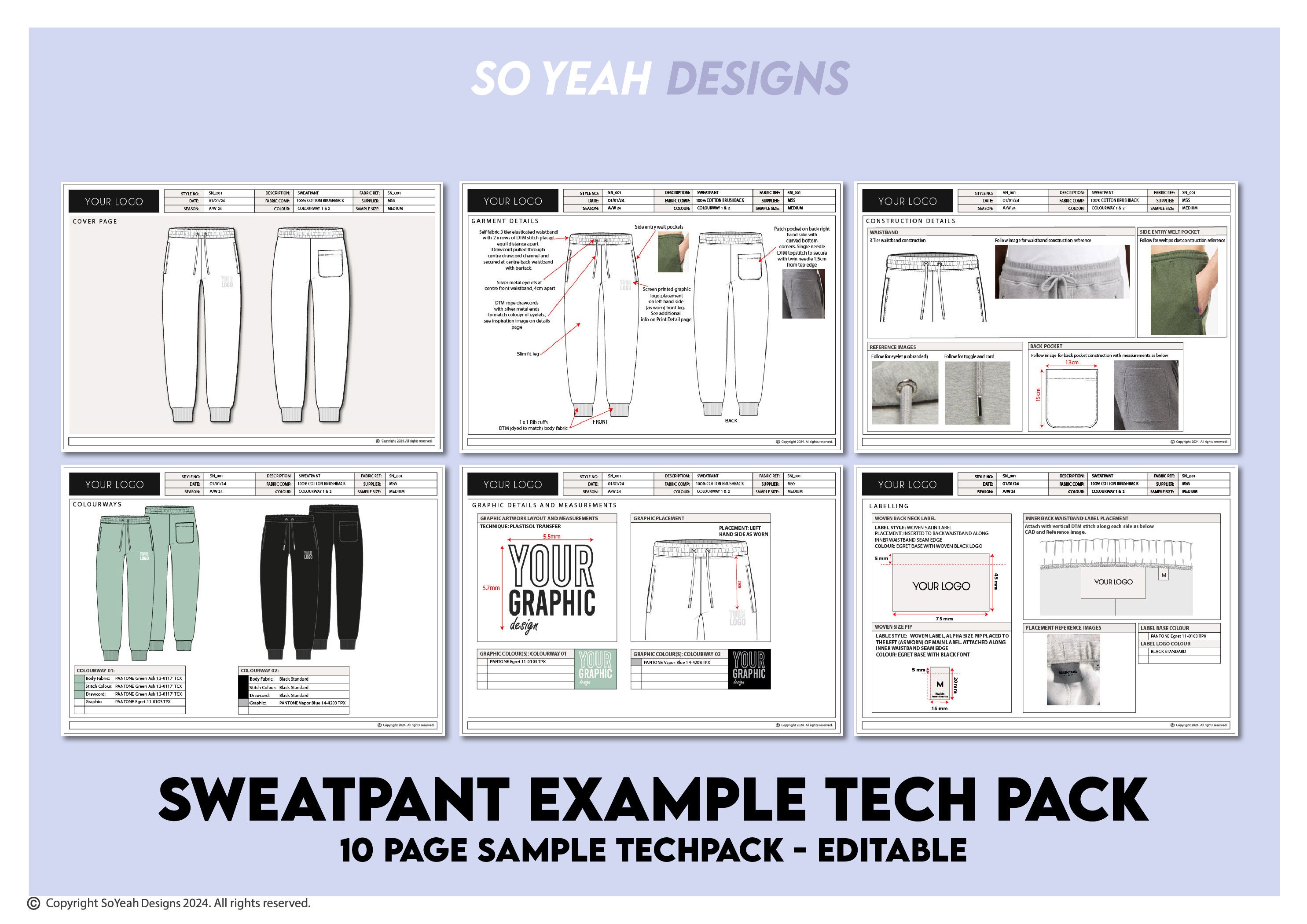 Sweatpant Tech Pack Template Editable Sample | 10 Page | Garment Tech ...