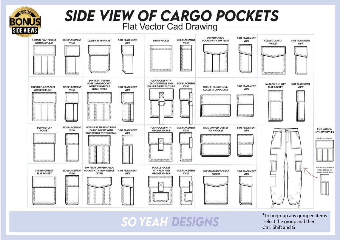 Pocket Pack Fashion Flat Template | Technical Vector Drawing | Digital ...
