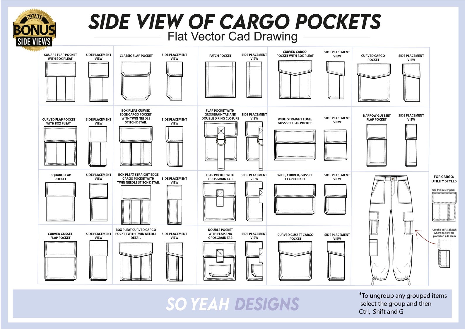 Pocket Pack Fashion Flat Template | Technical Vector Drawing | Digital ...