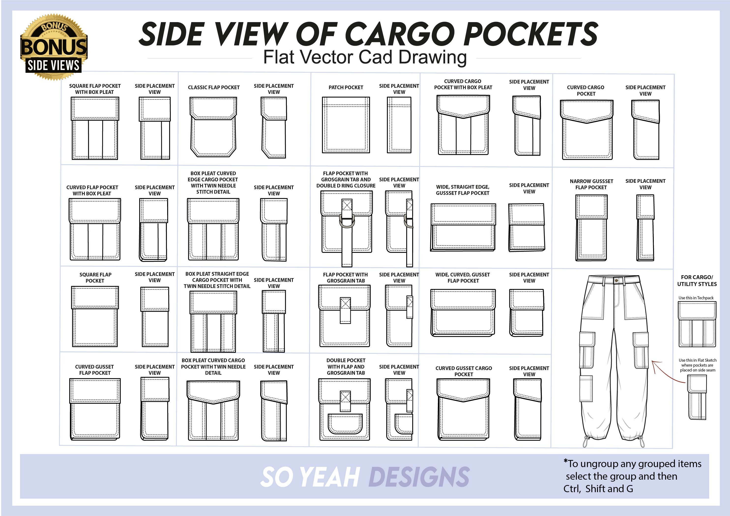 Pocket Pack Fashion Flat Template | Technical Vector Drawing | Digital ...