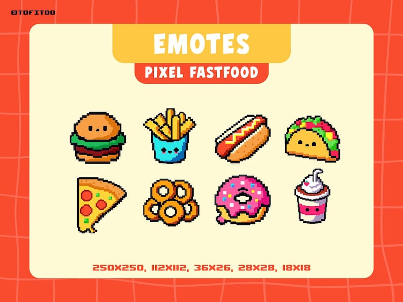Pixel Fastfood Emotes, Kawaii Food Emote Set, for Twitch, Kick, Youtube ...
