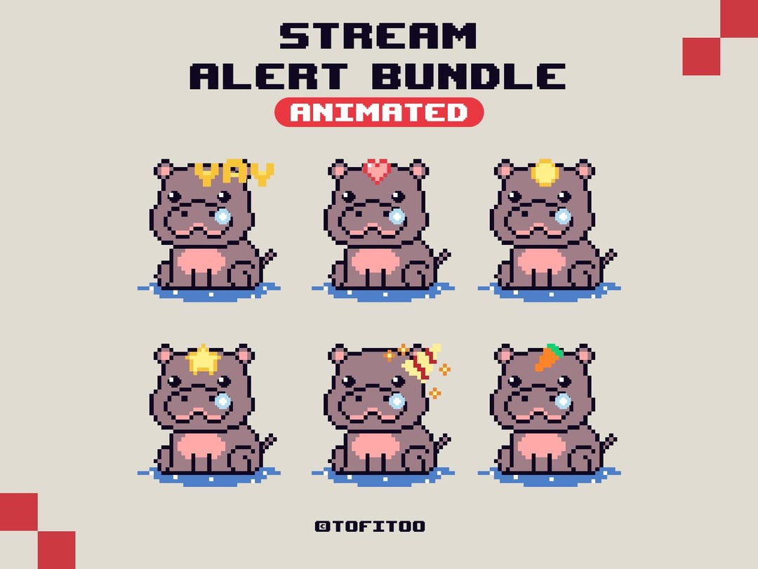 Moo Deng Sub Twitch Alert Bundle Cute Hippo Pixel Alert Custom Animated Streaming Notification ...