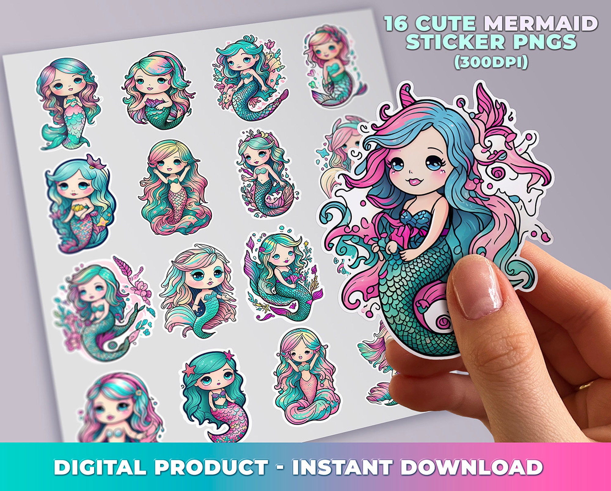 Cute Mermaid Clipart, Digital PNG Sticker Pack, Scrapbooking, Party ...