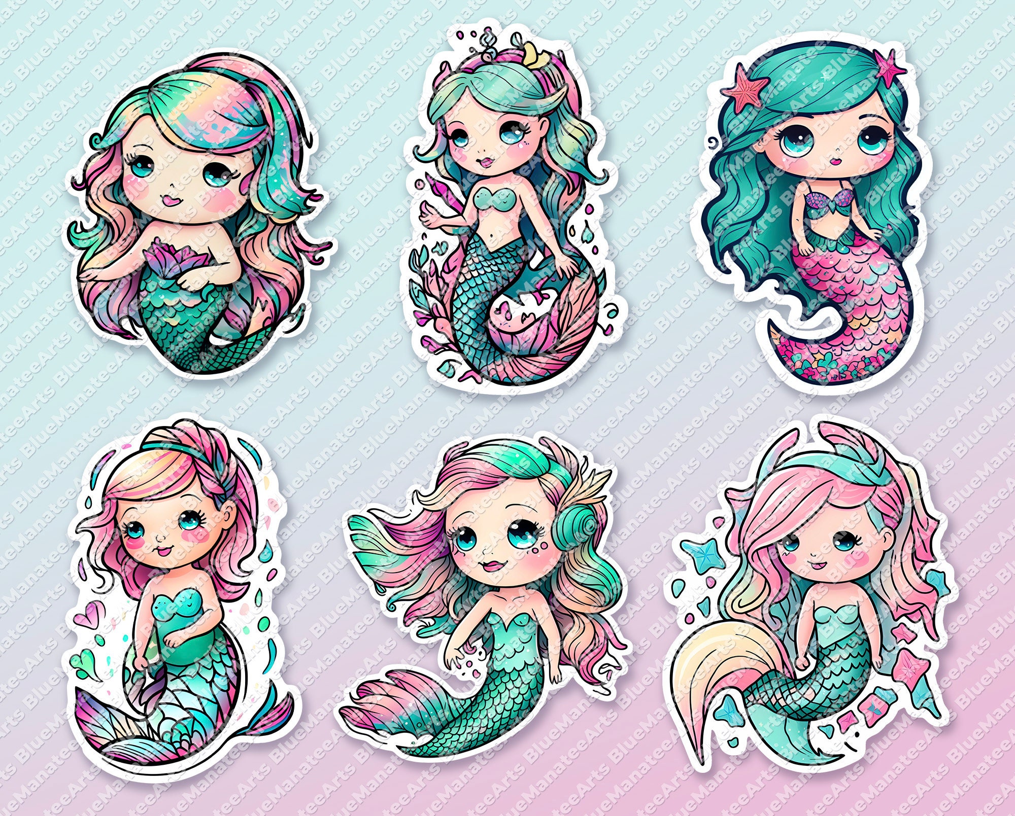 Cute Mermaid Clipart, Digital PNG Sticker Pack, Scrapbooking, Party ...