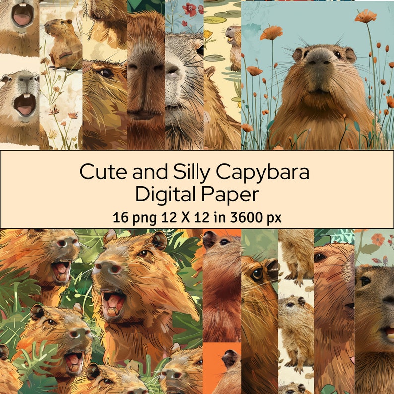 Cute and Silly Capybara Digital Paper, Close up Capybara Face ...