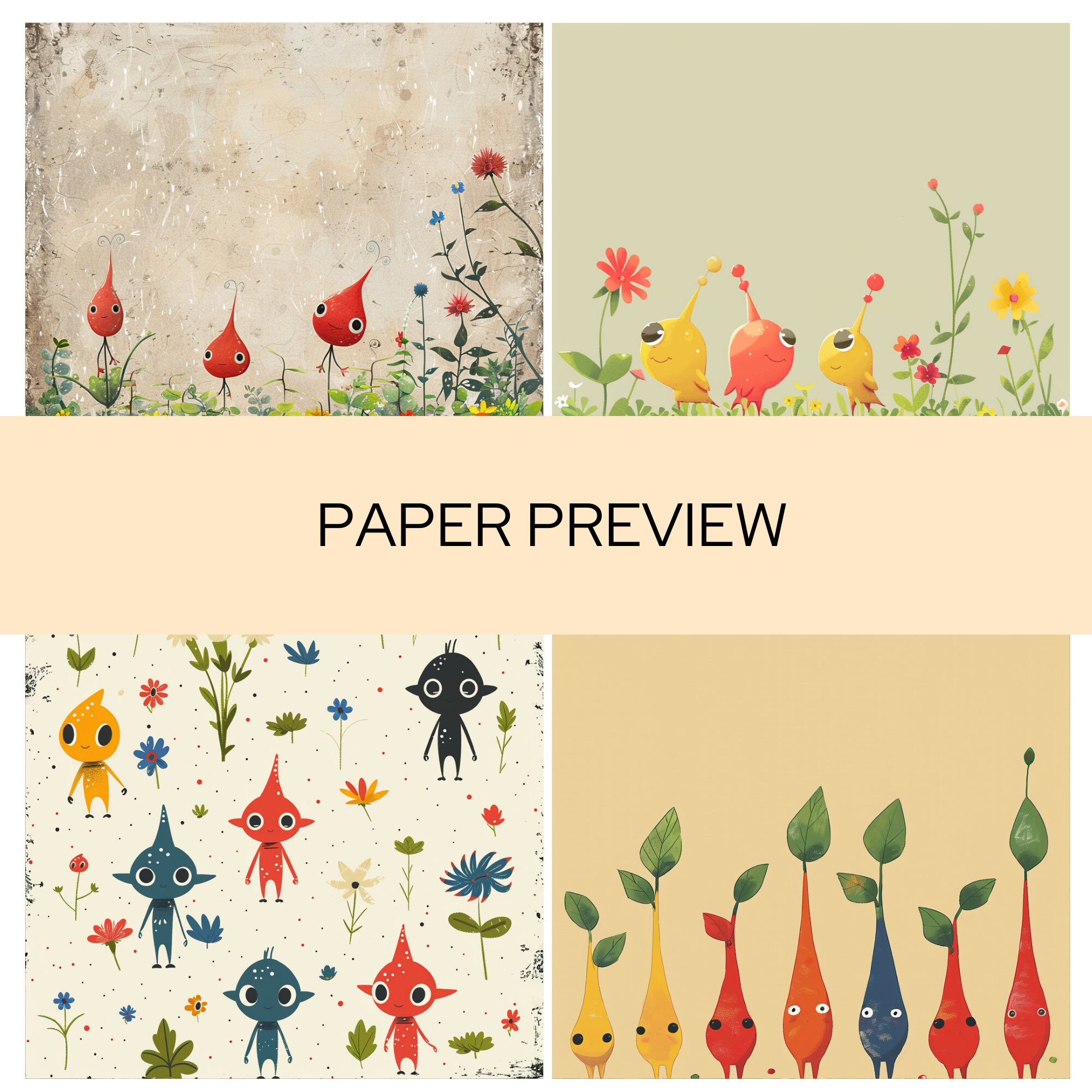 Pikmin Inspired Digital Paper: Scrapbooking Art (16 PNG, 12x12 In ...