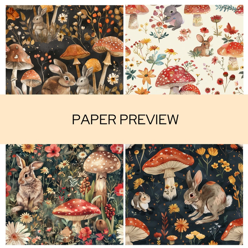 Ghibli Rabbit & Mushroom Digital Paper: Anime Scrapbooking (16, 12x12 ...