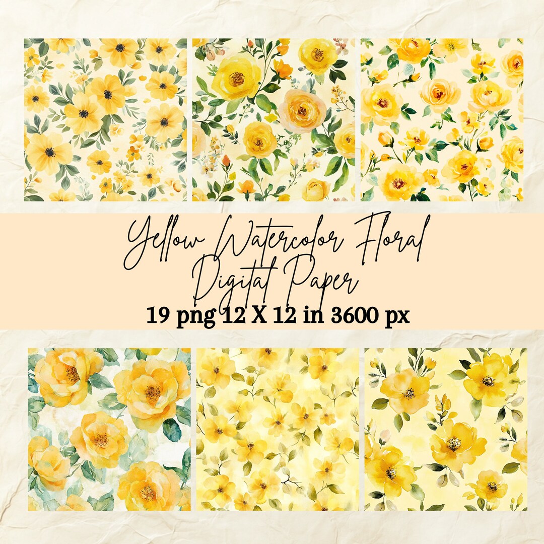 Yellow Watercolor Floral Printable Paper 16 12by 12 Png Digital Paper ...