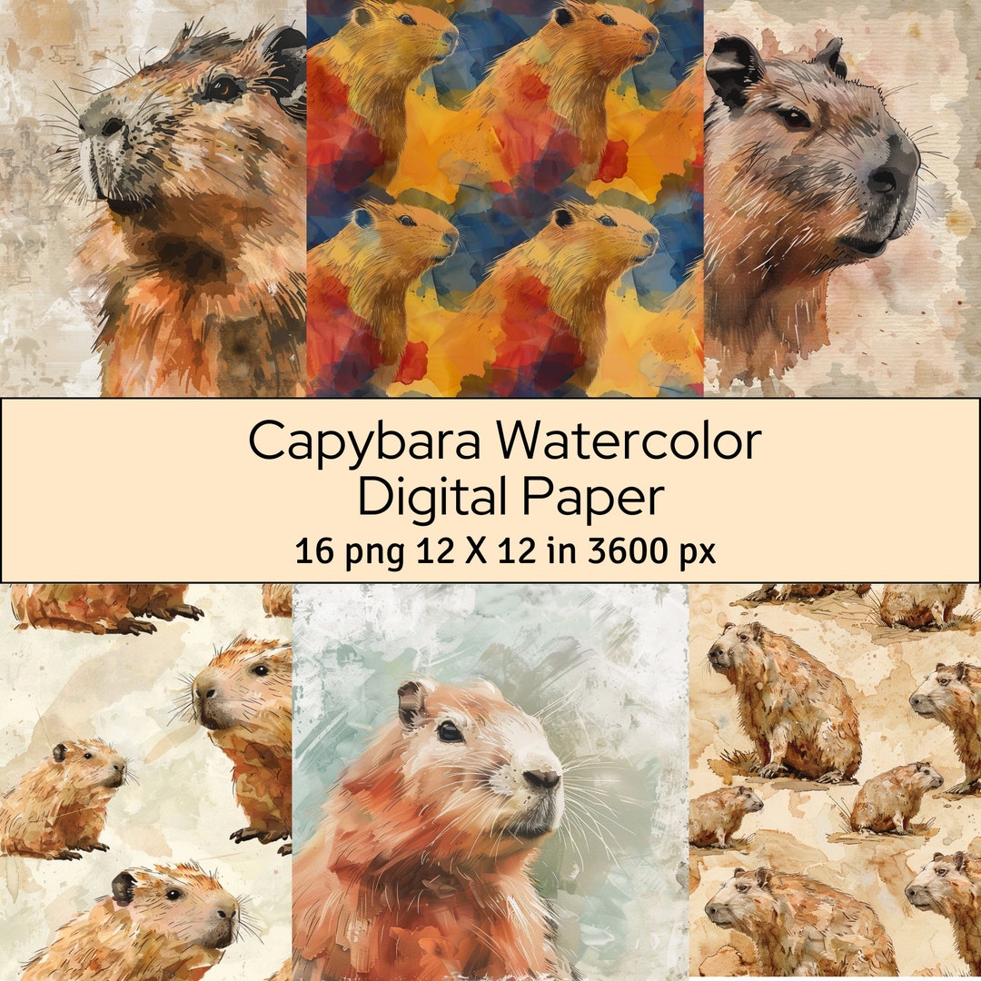 Capybara Watercolor Art Digital Paper: Scrapbooking, Commercial Use ...