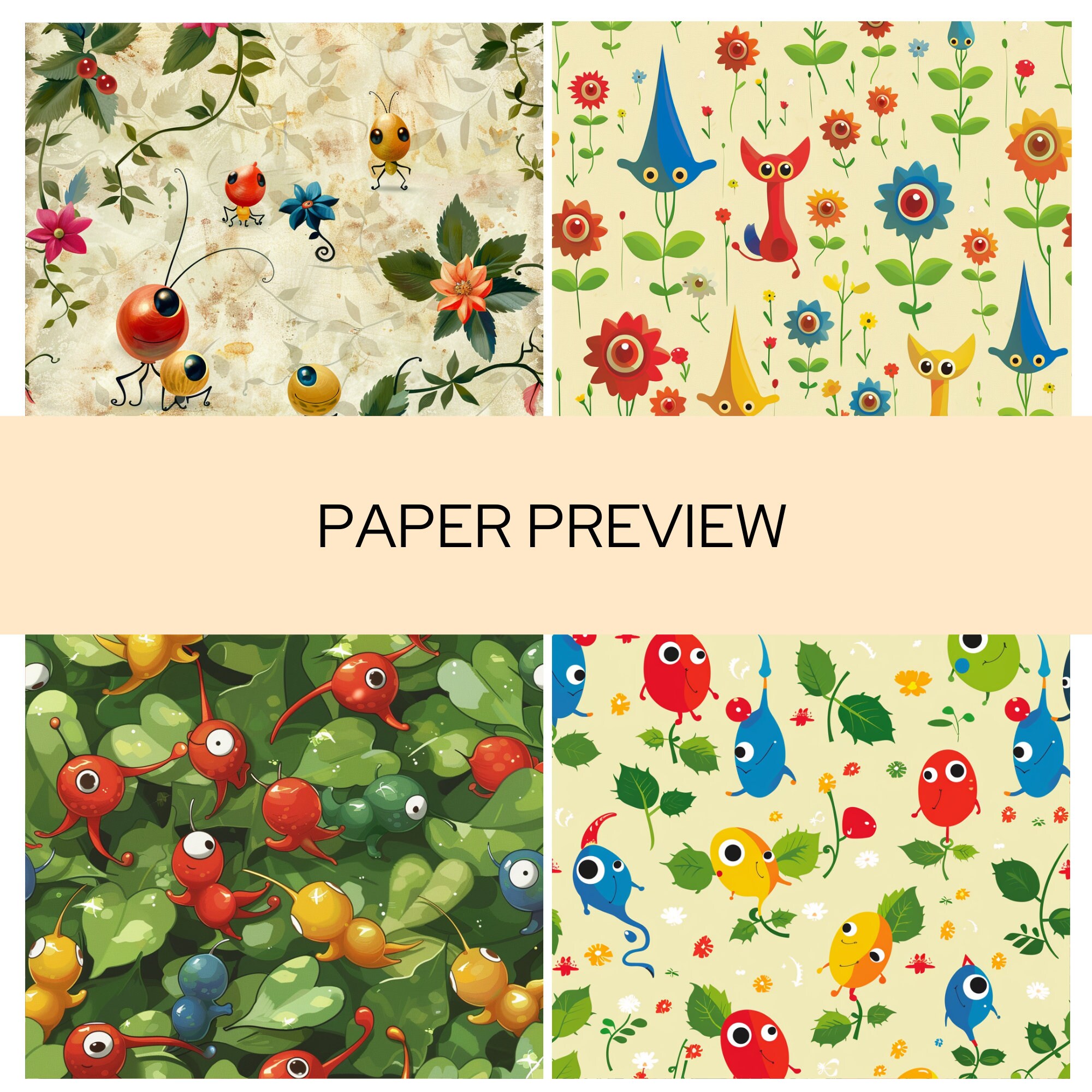 Pikmin Inspired Digital Paper: Scrapbooking Art (16, 12"x12" PNG ...