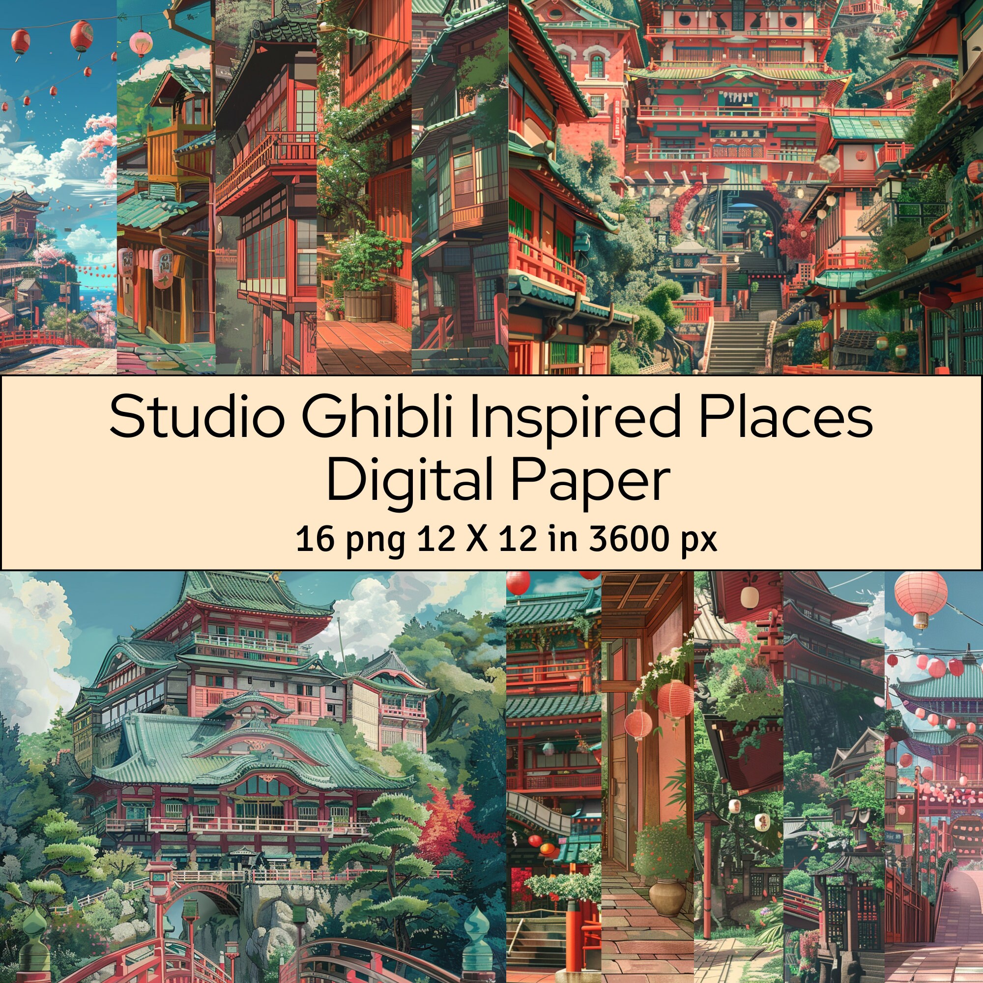 Ghibli Inspired Digital Paper: Anime Houses, Scrapbooking (digital ...