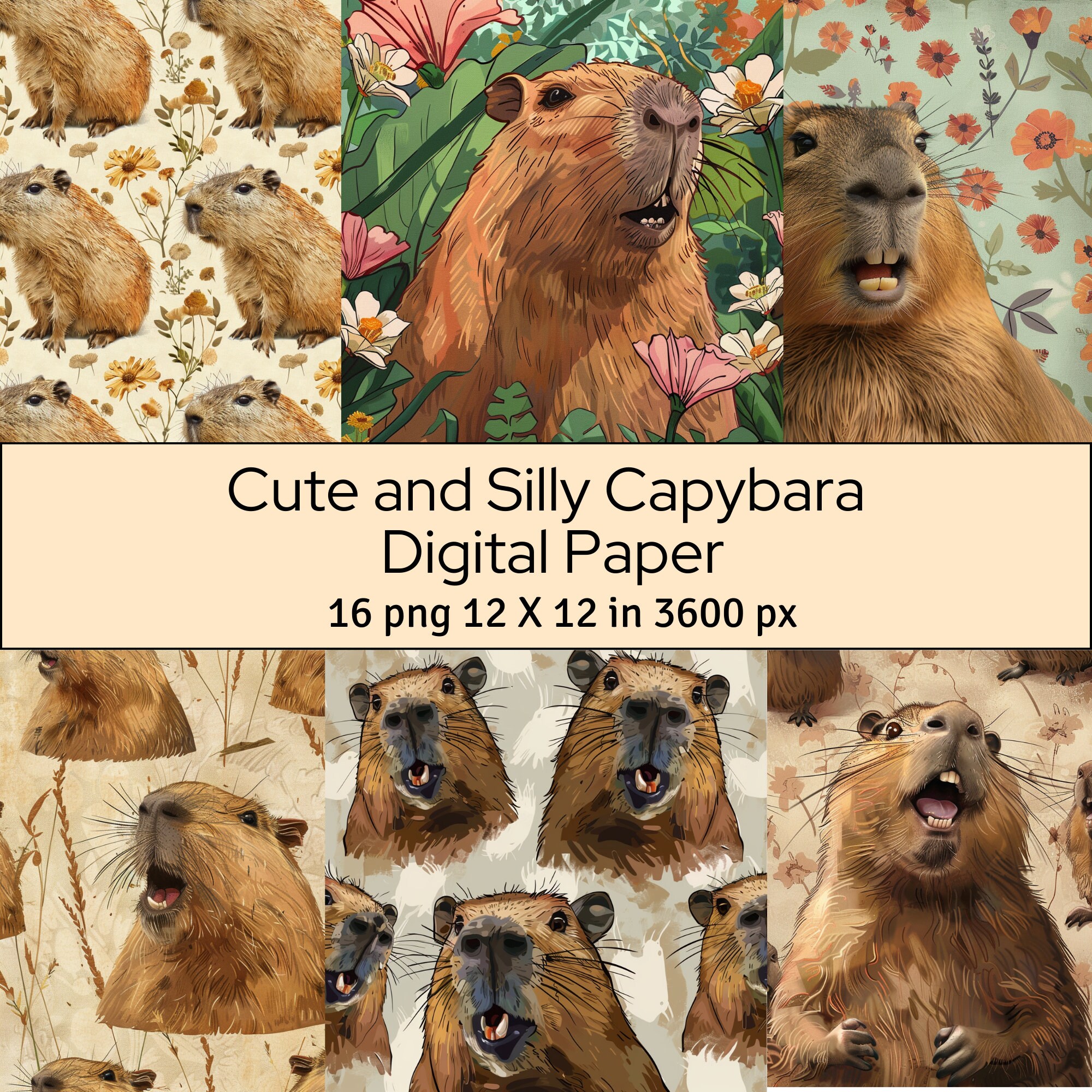 Cute and Silly Capybara Digital Paper, Close up Capybara Face ...