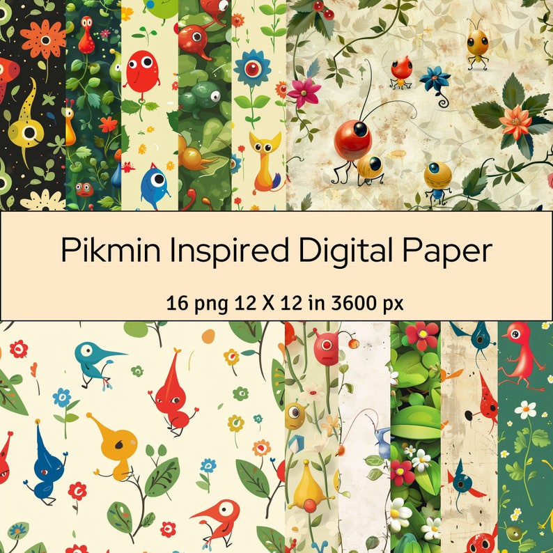 Pikmin Inspired Digital Paper: Scrapbooking Art (16, 12"x12" PNG ...