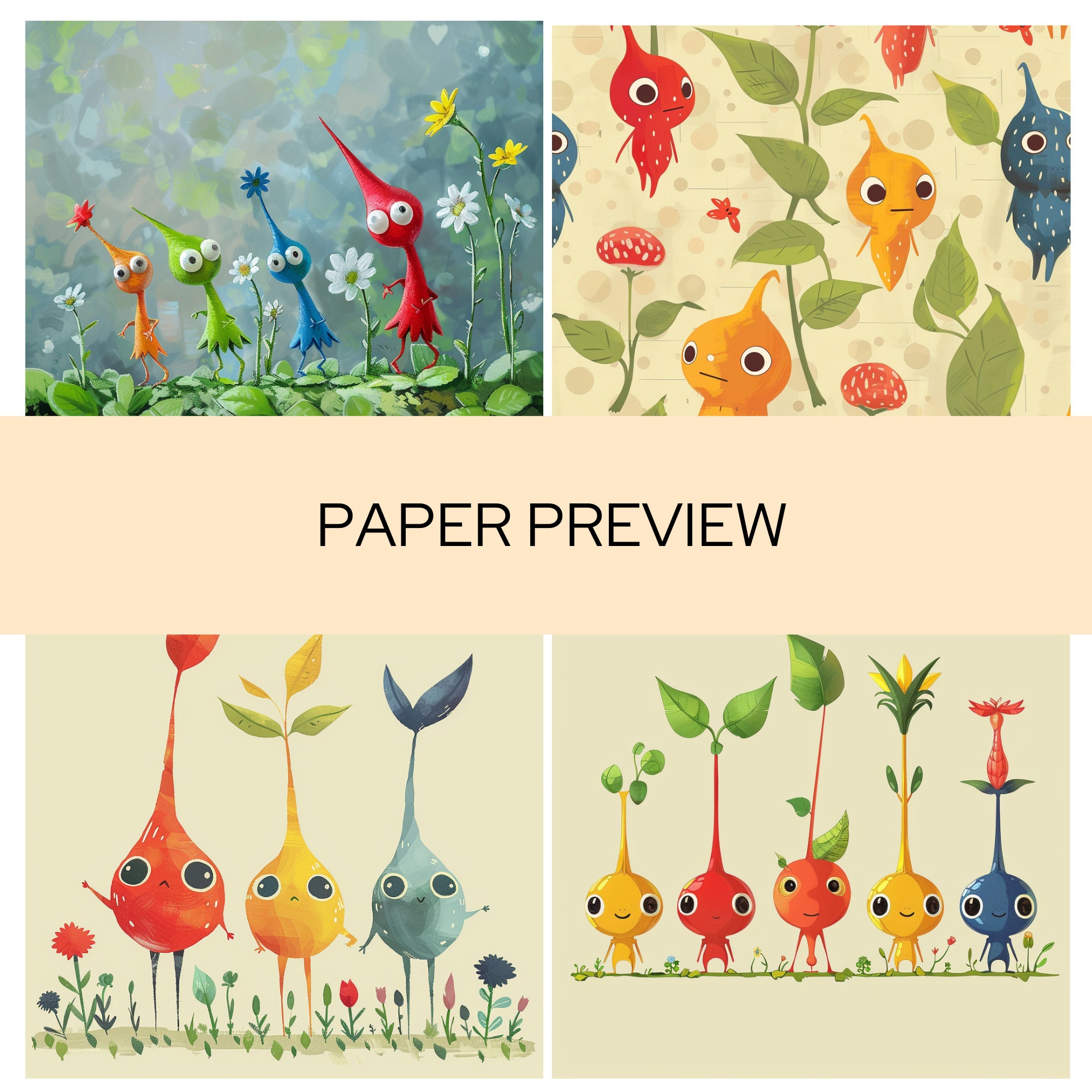 Pikmin Pimin Digital Paper, Pikmin Decor Poster Art, Scrapbooking ...
