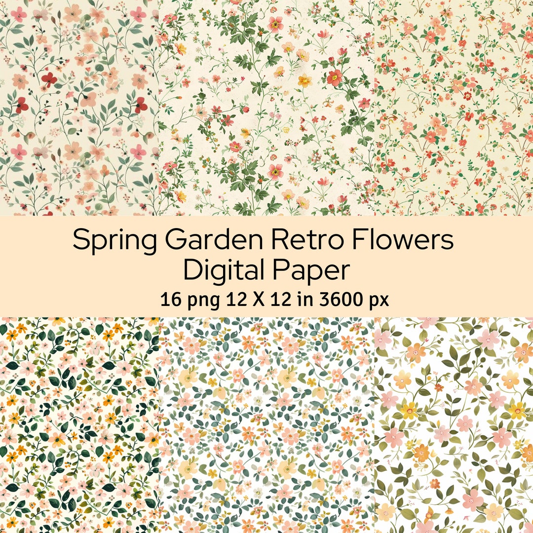 Retro Floral Digital Paper: Spring Garden Print (12x12" PNG, PDF) - Etsy
