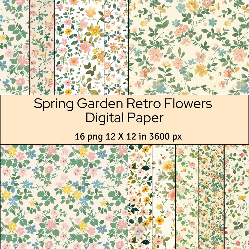 Retro Floral Digital Paper: Spring Garden Print (12x12" PNG, PDF) - Etsy