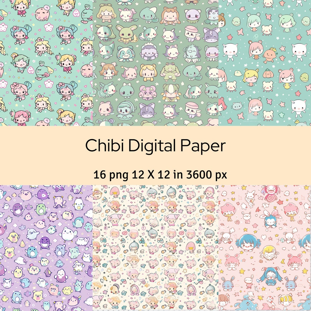 Chibi Digital Paper, Cute Chibi Anime Art, Seamless Digital Paper 16 12 ...