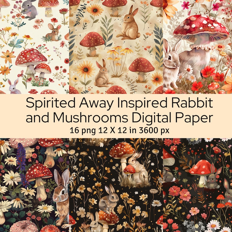 Ghibli Rabbit & Mushroom Digital Paper: Anime Scrapbooking (16, 12x12 ...