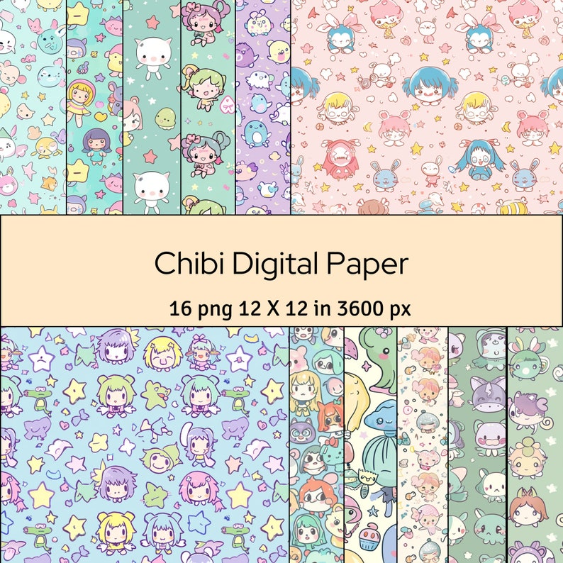 Chibi Digital Paper, Cute Chibi Anime Art, Seamless Digital Paper 16 12 ...