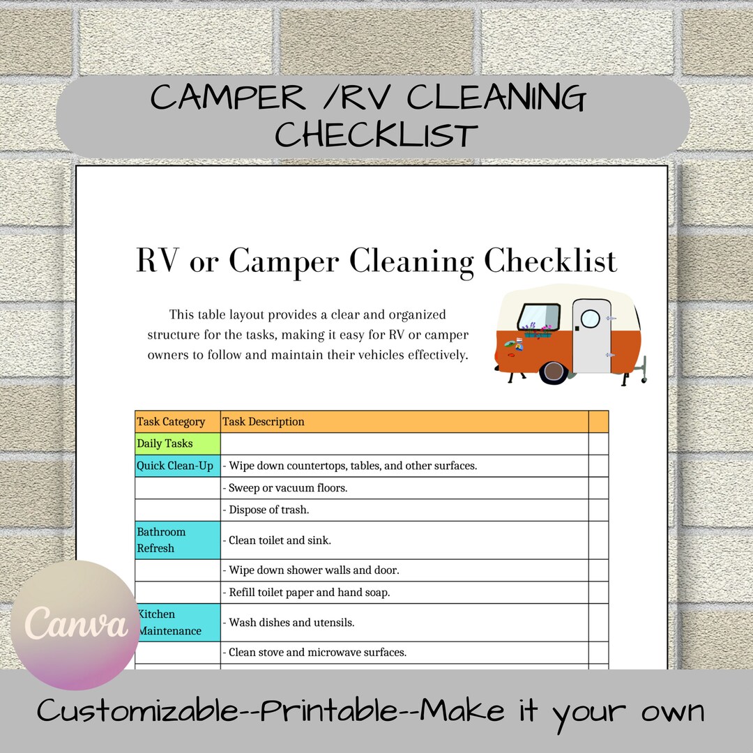 Camper/RV Cleaning Checklist, Printable RV Cleaning Checklist, Cleaning ...
