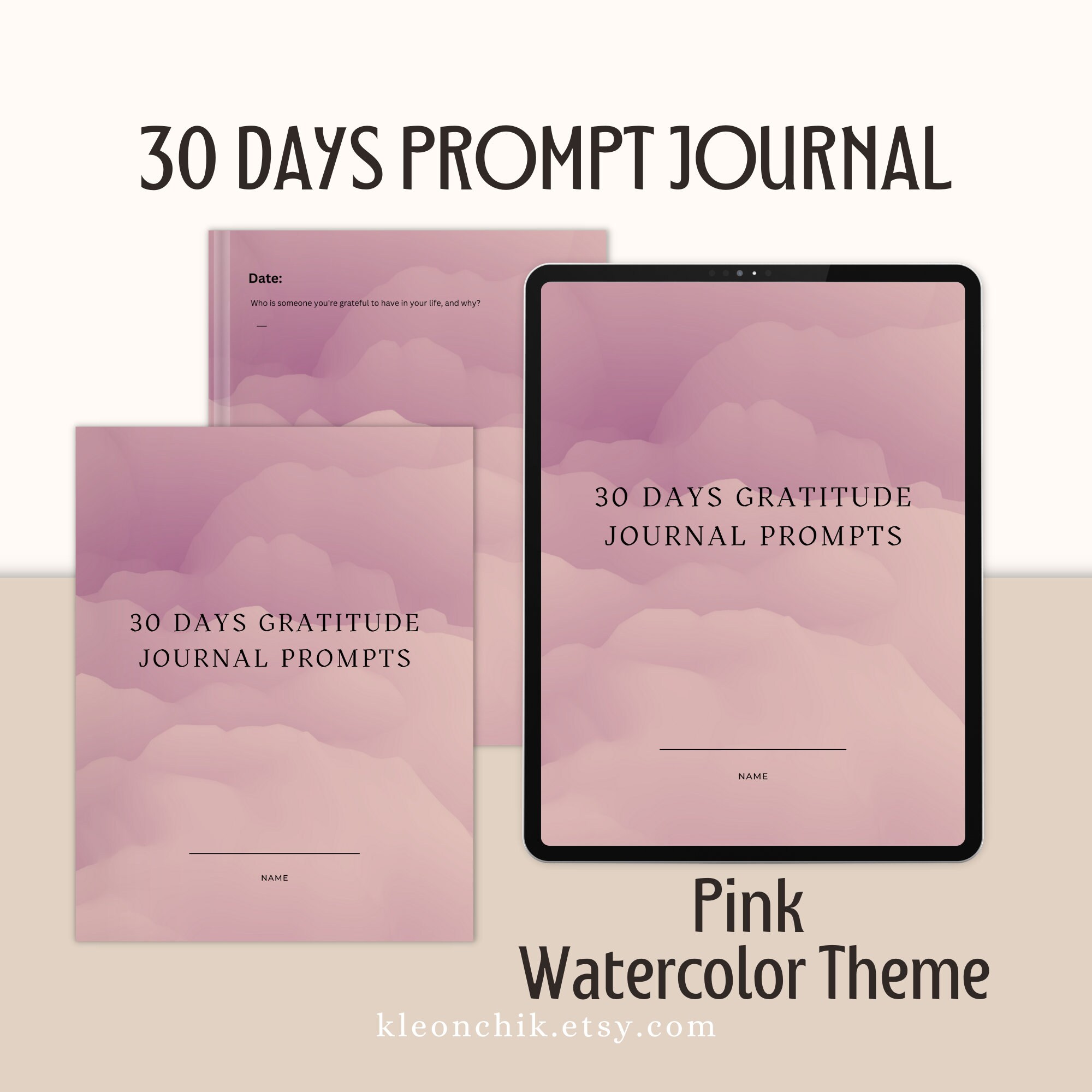 Daily Gratitude Journal Prompts, 30-day Prompts, Pink Watercolor Themed ...