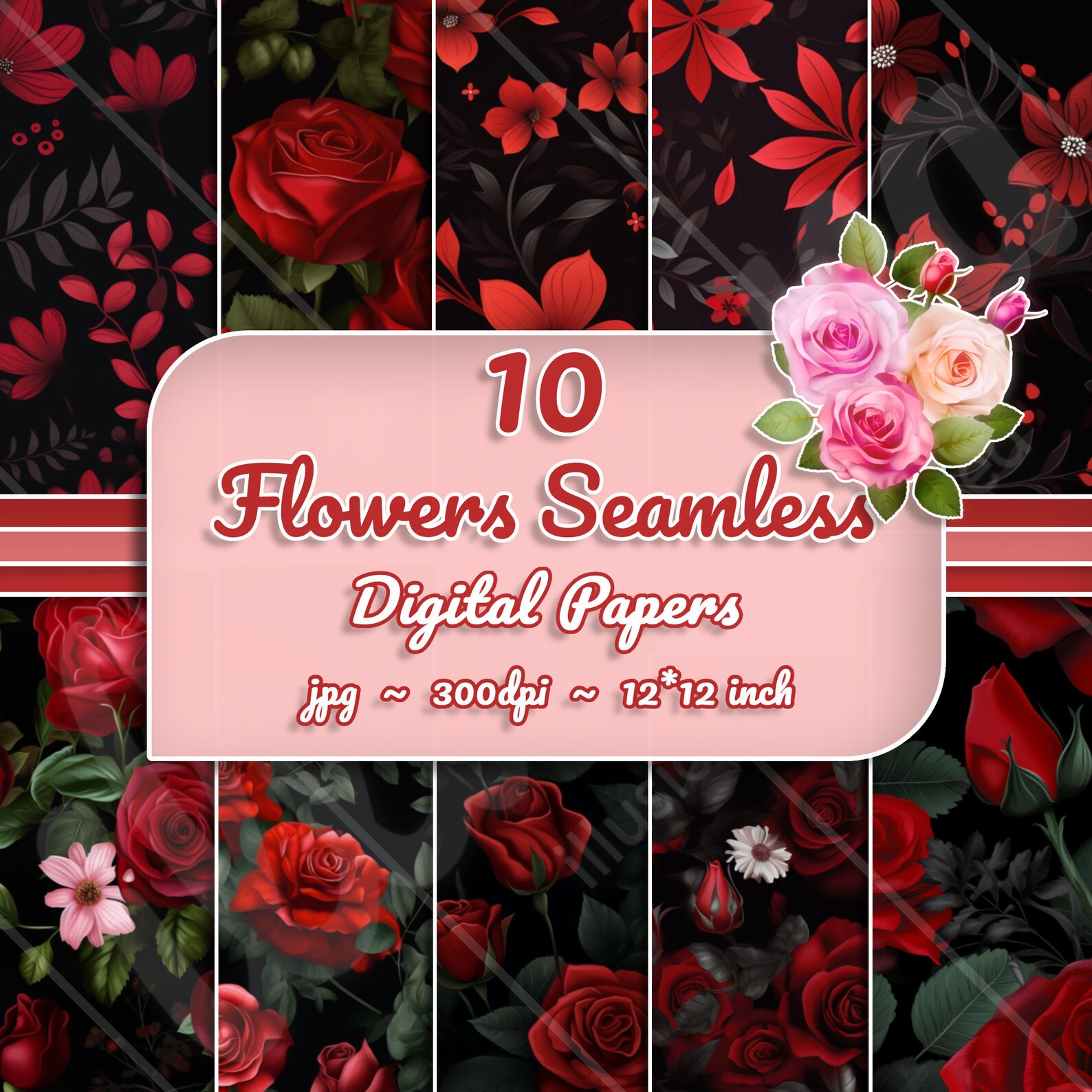 Seamless Flowers Red Digital Paper, Red Flowers, Floral Digital Paper ...