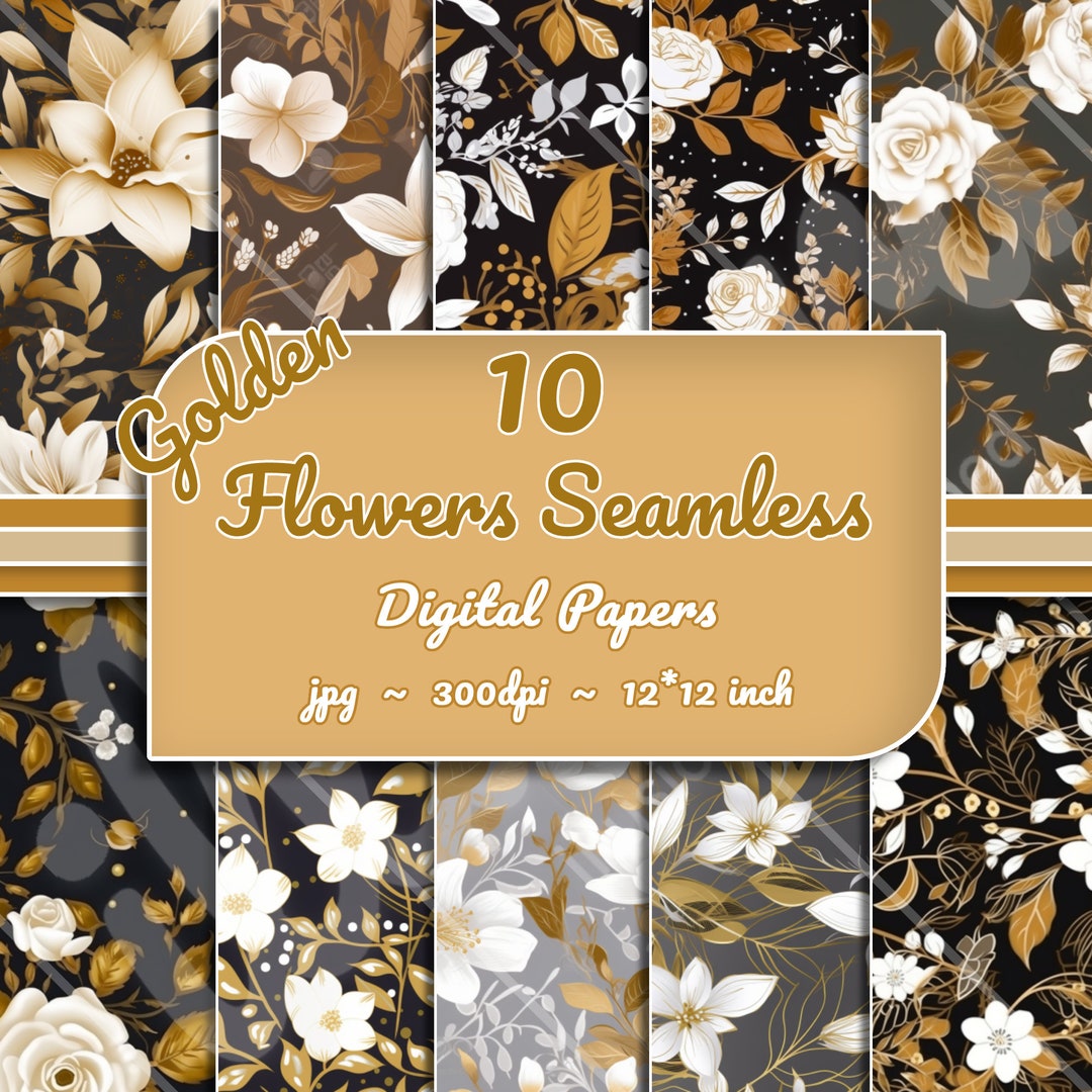 Flowers Gold Digital Paper, Gold Flower Prints, Floral Seamless Pattern ...